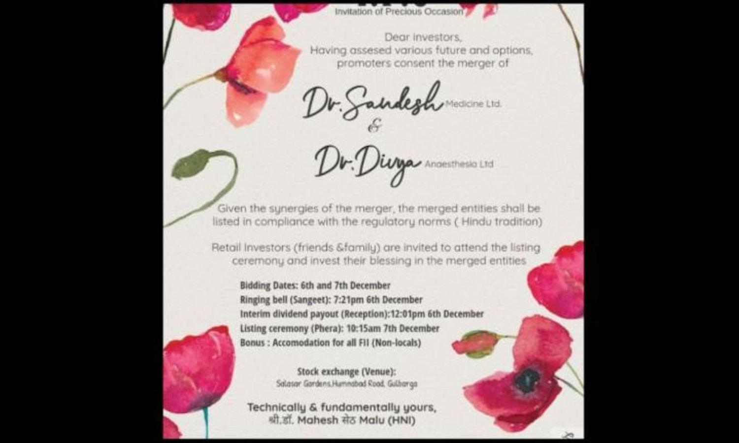 Maha Doctor couple Stock Market themed wedding card invites investors ...